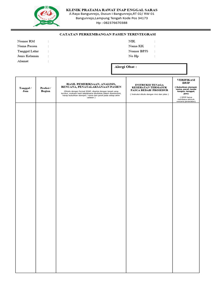 Form Catatan Perkembangan Pasien Terintegrasi FIX | PDF