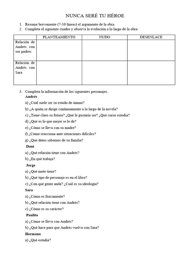 NUNCA SERÉ TU HÉROE Preguntas | PDF