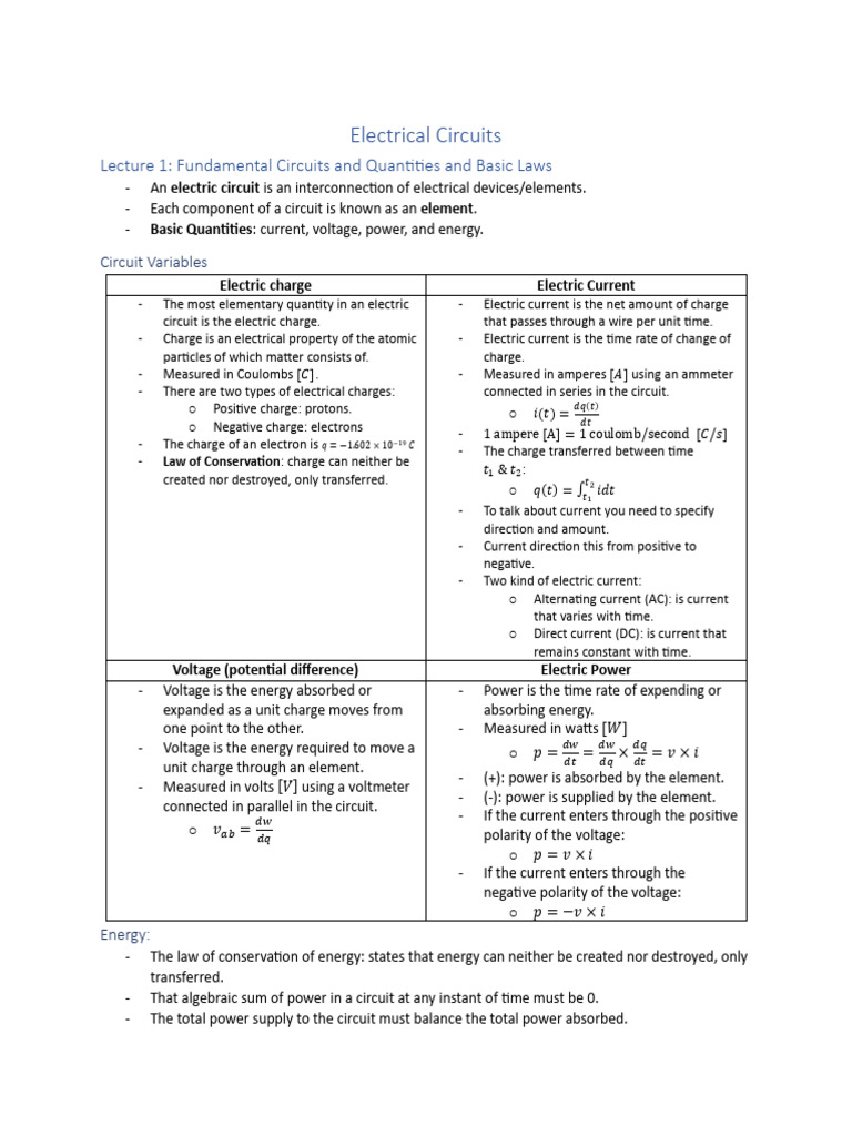 Electrical Circuits Lec 1,2,3,4,5 Summary | PDF | Electrical Network | Voltage