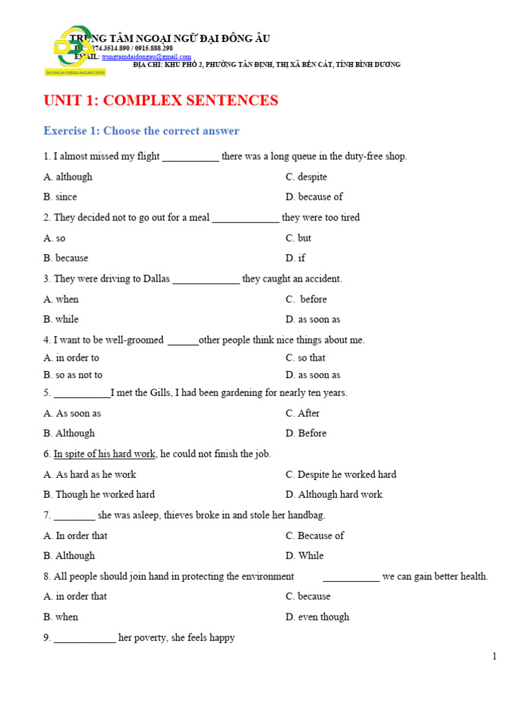 Unit 1: Complex Sentences: Exercise 1: Choose The Correct Answer | PDF