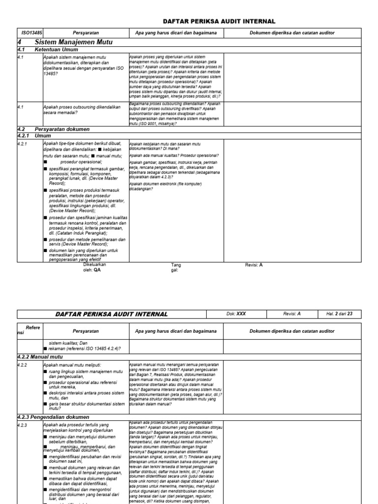 Daftar Periksa Audit Internal ISO 13485 | PDF