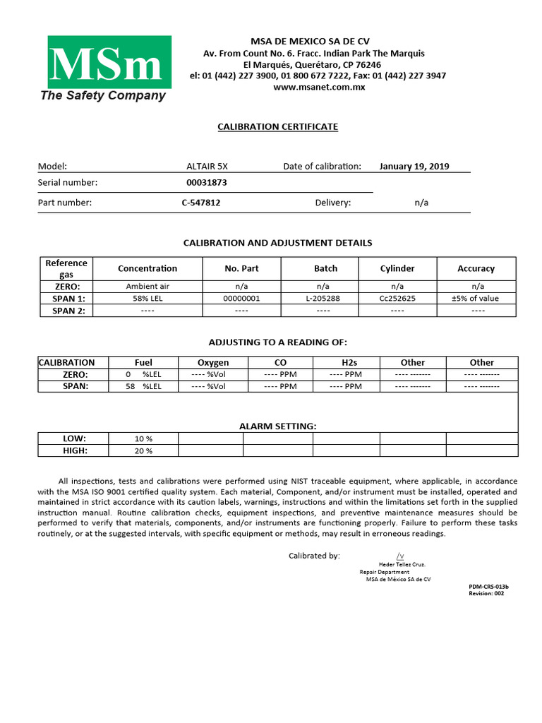 MSA ALTAIR 5X Calibration Certificate | PDF | Calibration