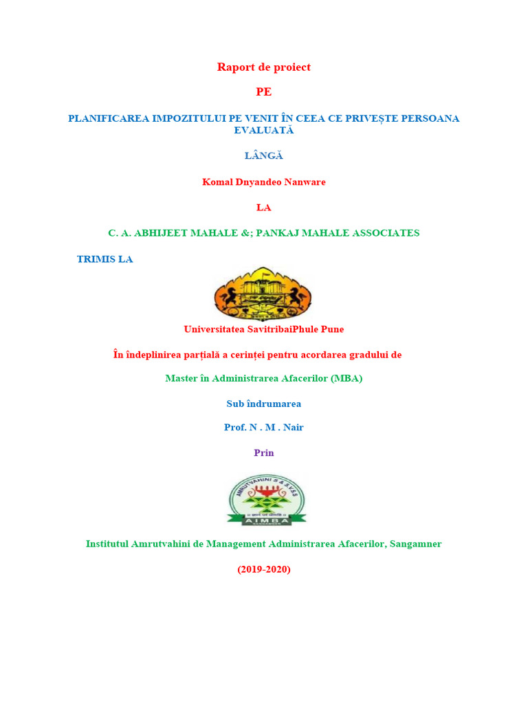 Raport Final de Proiect Privind Planificarea Fiscala PDF | PDF