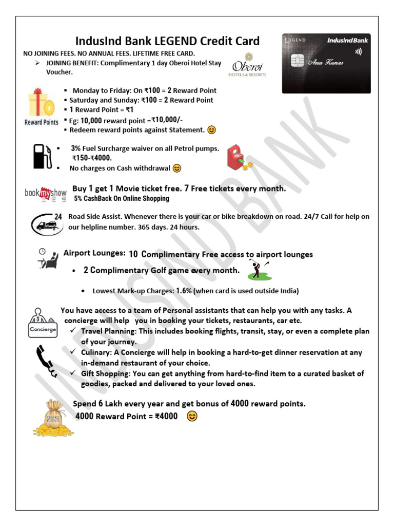 Benifits LEGEND Induslnd Bank | PDF