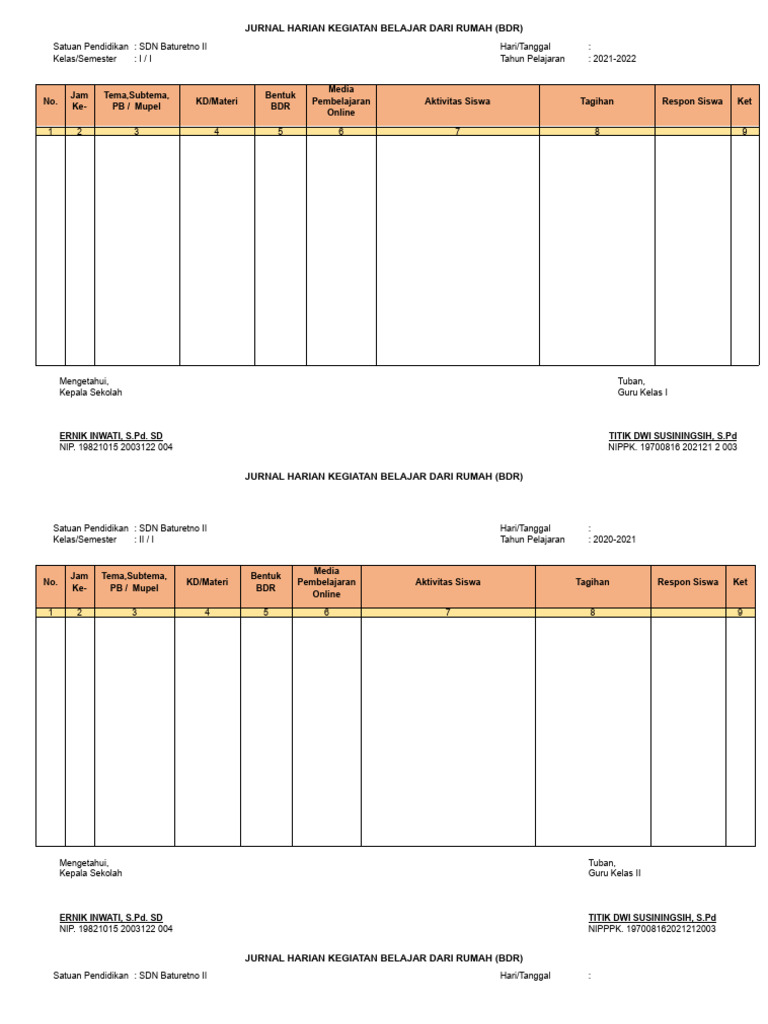 Jurnal Harian Kegiatan Belajar Dari Rumah (BDR) | PDF