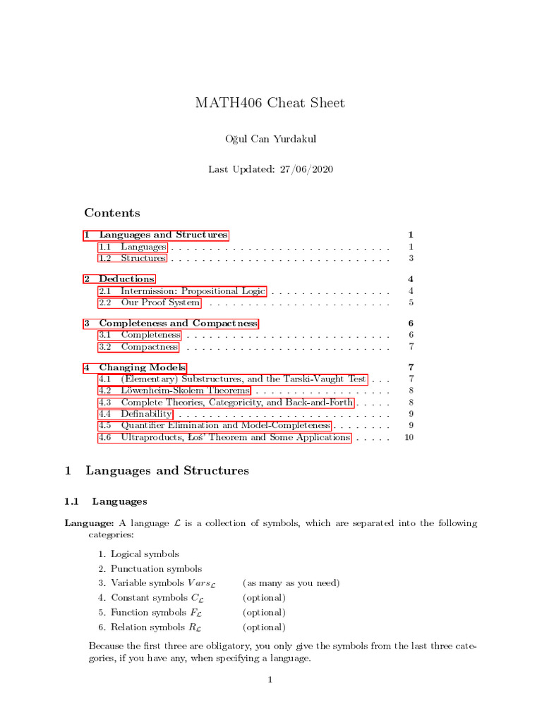 Model Theory Cheat Sheet | PDF | Mathematical Logic | Logic