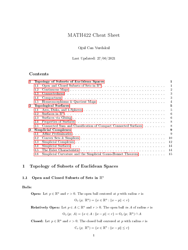 Elementary Geometric Topology Cheat Sheet | PDF