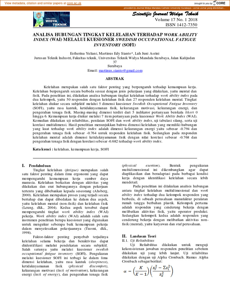 Scientific Journal Widya Teknik: Index (Wai) Melalui Kuesioner Swedish Occupational Fatigue ...