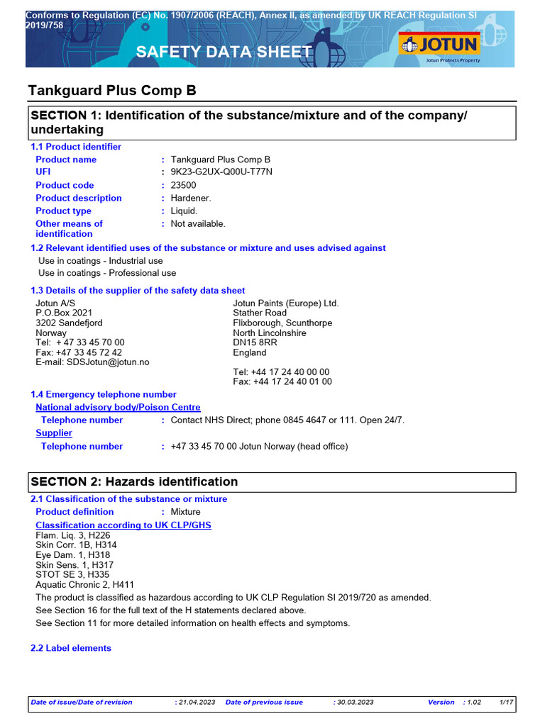 SDS 23500 Tankguard Plus Comp B Euk GB | PDF | Chemical Reactions ...