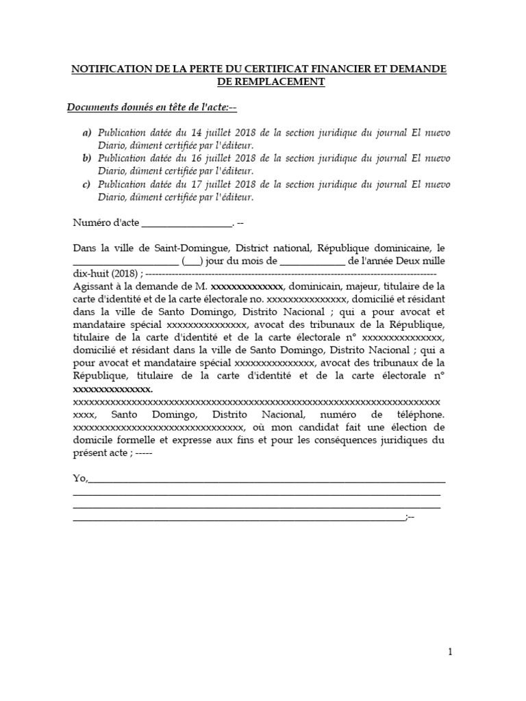 Notification de Perte de Certificat Financier | PDF | Gouvernement | Justice