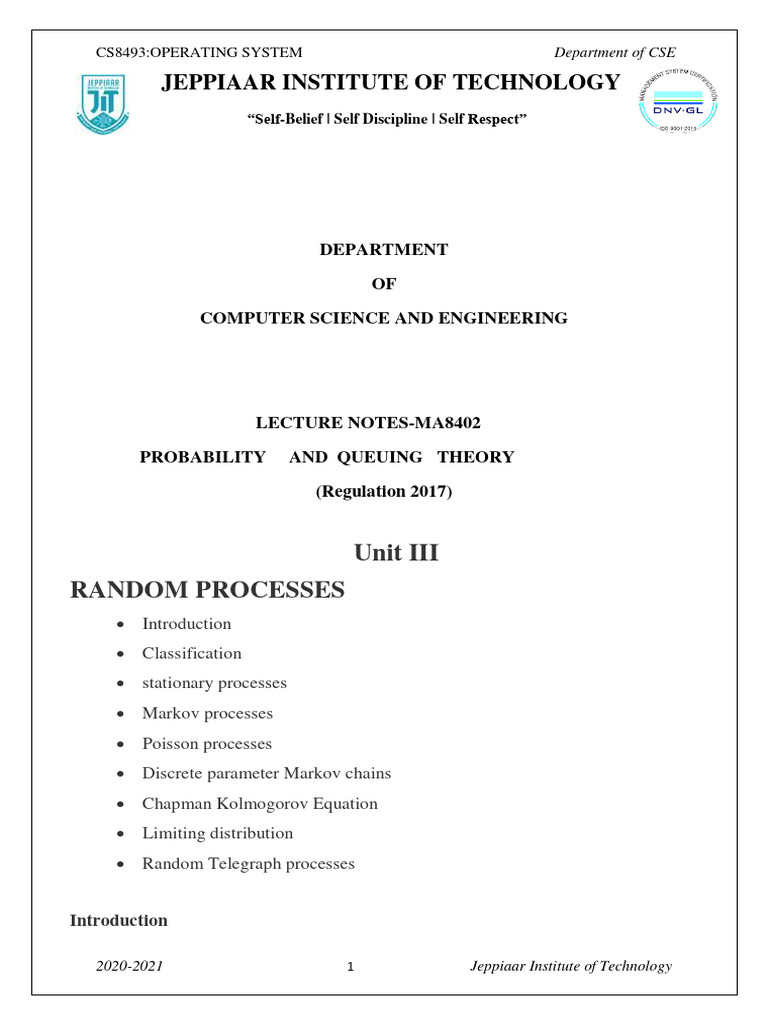 Jeppiaar Institute of Technology: Unit III Random Processes | PDF ...