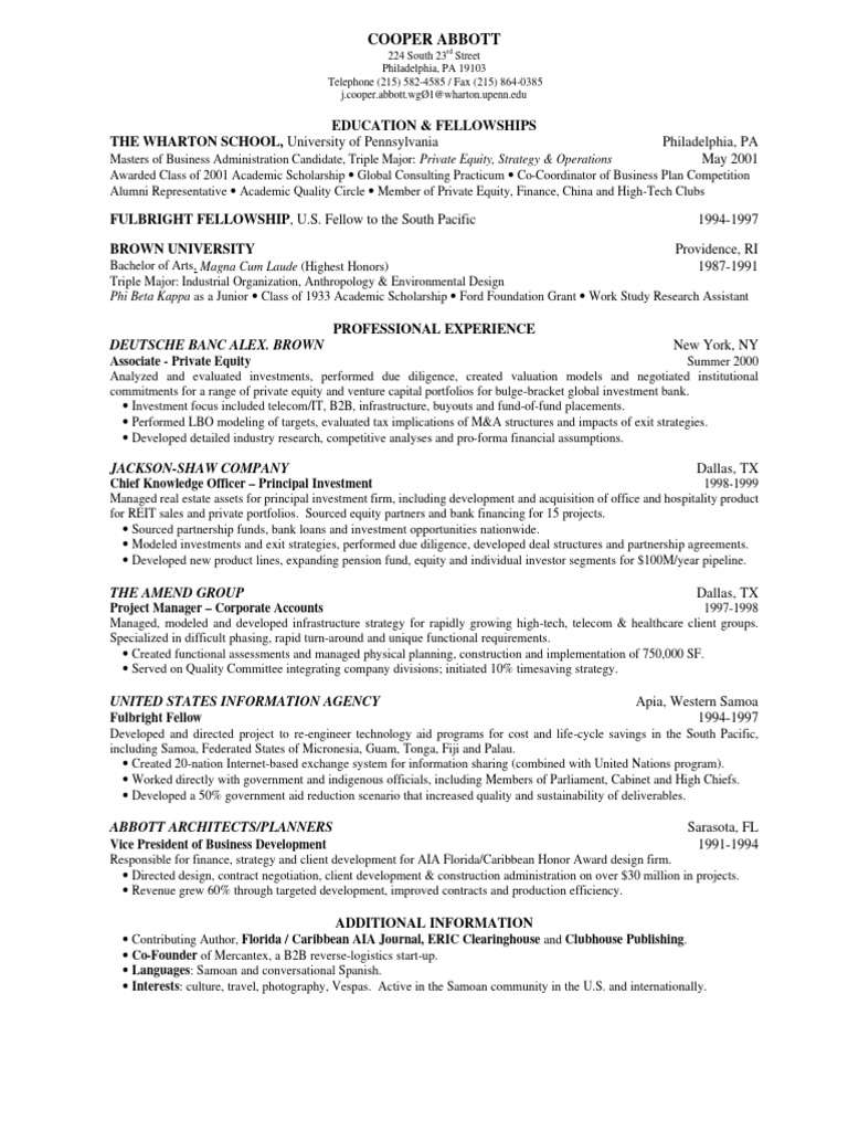 Resume Template Wharton Class2001 | PDF