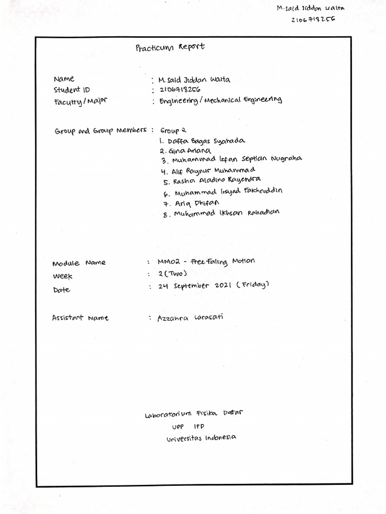 Practicum Report MM02 (Free Fall Motion) | PDF