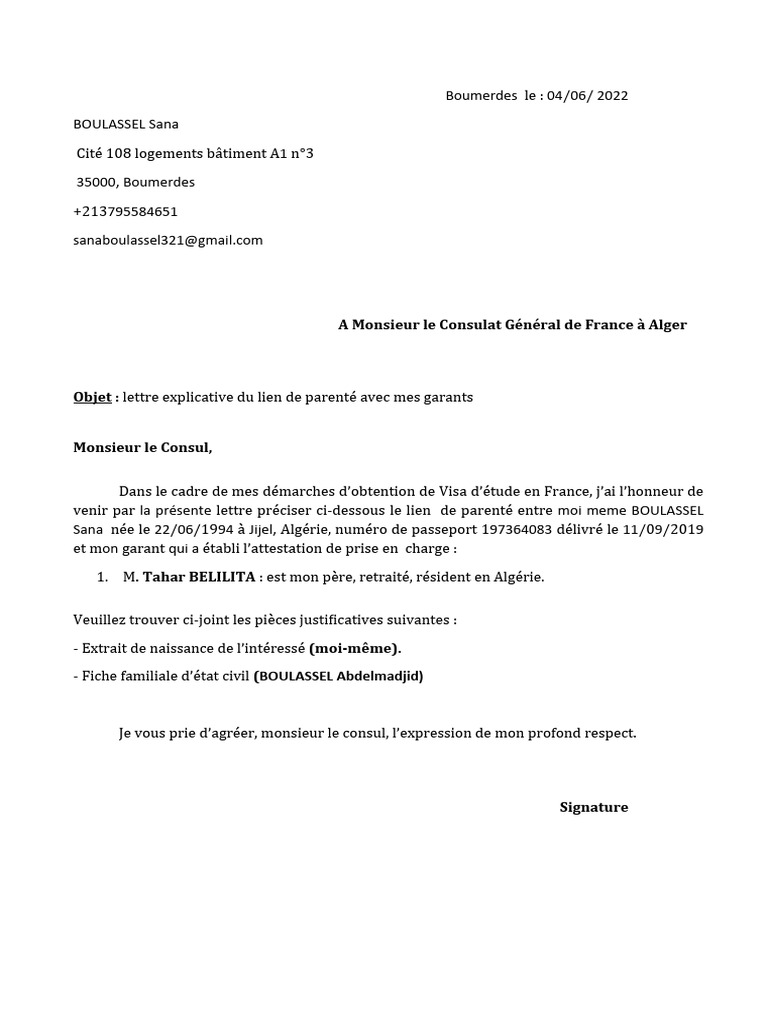 Lettre Explicative Du Lien de Parent Avec Mes Garants .Docx Filename ...