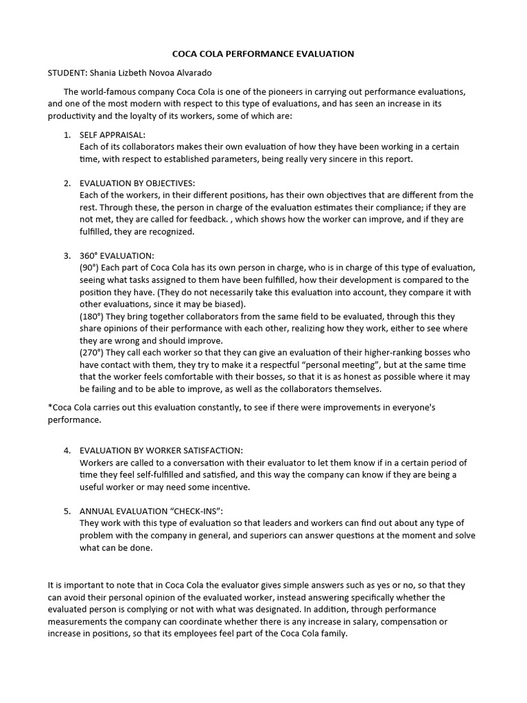 Coca Cola Performance Evaluation | PDF | Performance Appraisal | Incentive