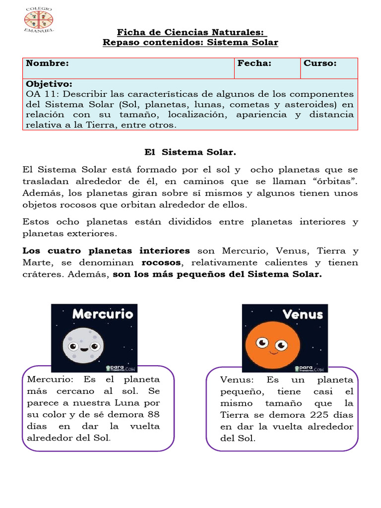 OA 11 sistema solar n°4 Repaso | PDF | Planetas | Sistema solar
