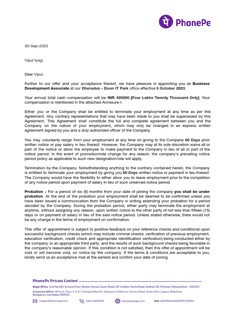 PhonePe Offer Letter for Business Associate | PDF | Patent | Employment