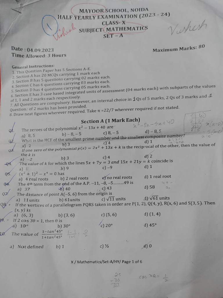 Class X Half-Yearly Math Exam | PDF | Defender (Association Football ...