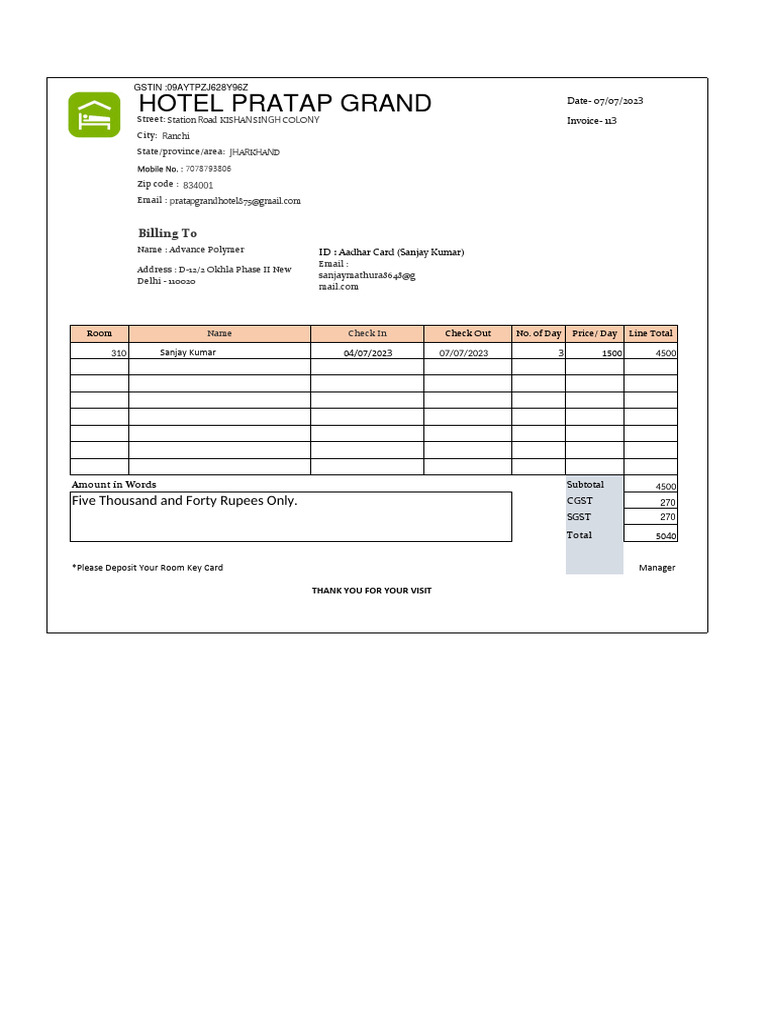 Hotel Bill Format in Excel | PDF