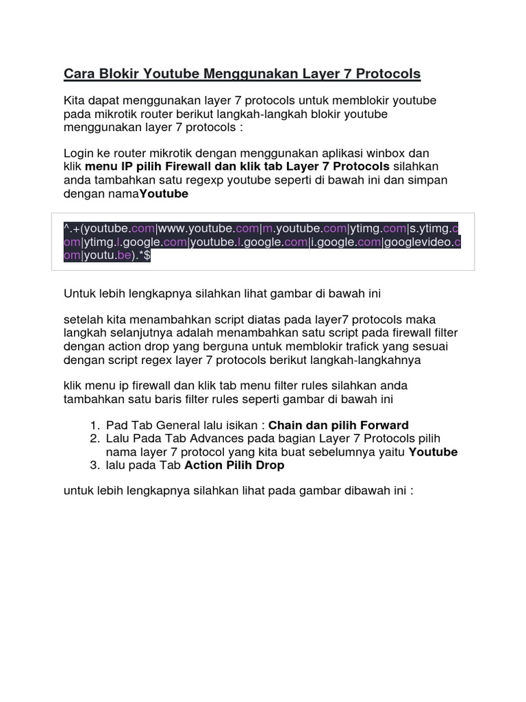 Cara Blokir Youtube Menggunakan Layer 7 Protocols | PDF