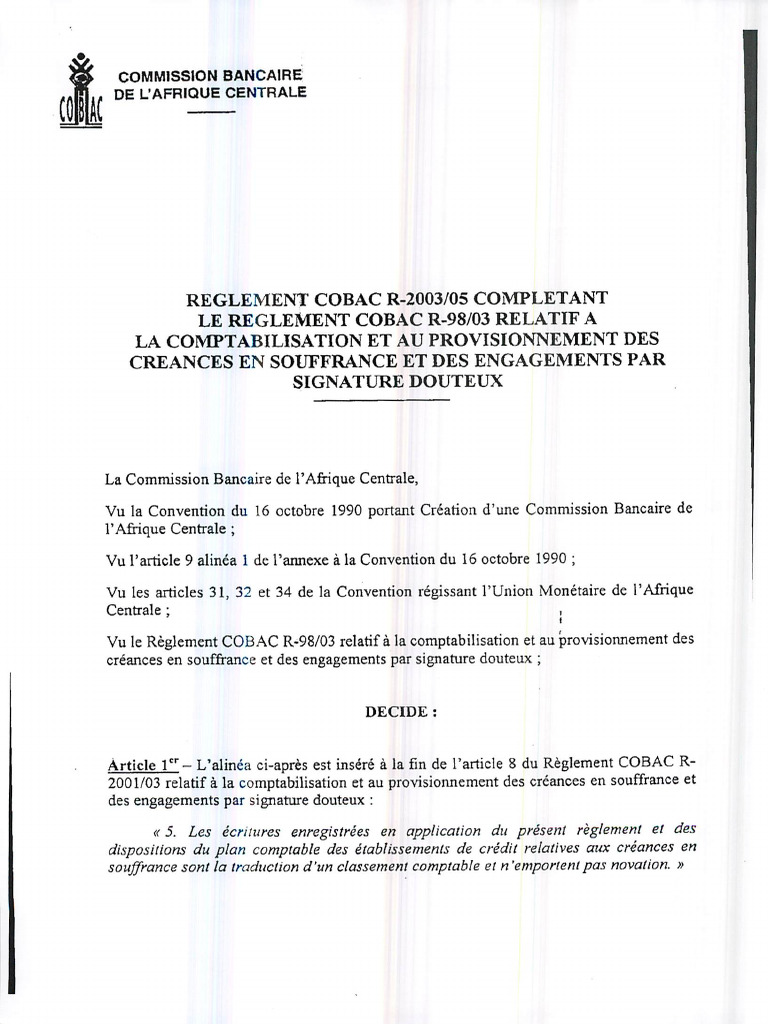 Règlement COBAC R-2003 05 Complétant Le Règlement COBAC R-9803 Relatif ...