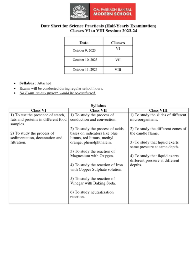Date Sheet For Science Practicals (Half-Yearly Examination) Classes VI To VIII Session: 2023-24 ...