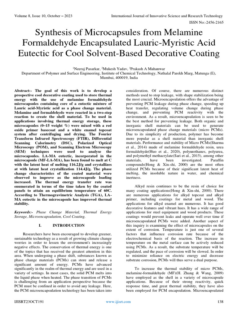 Synthesis of Microcapsules From Melamine Formaldehyde Encapsulated ...