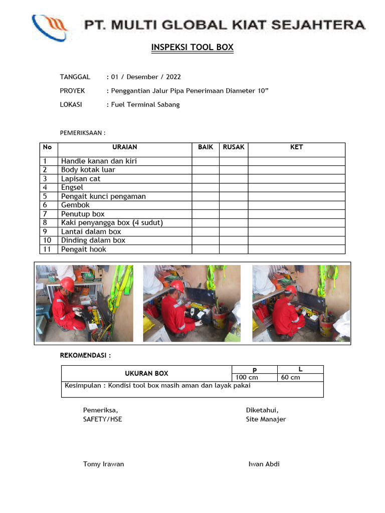 Inspeksi Tool Box Proyek Pipa 2022 | PDF