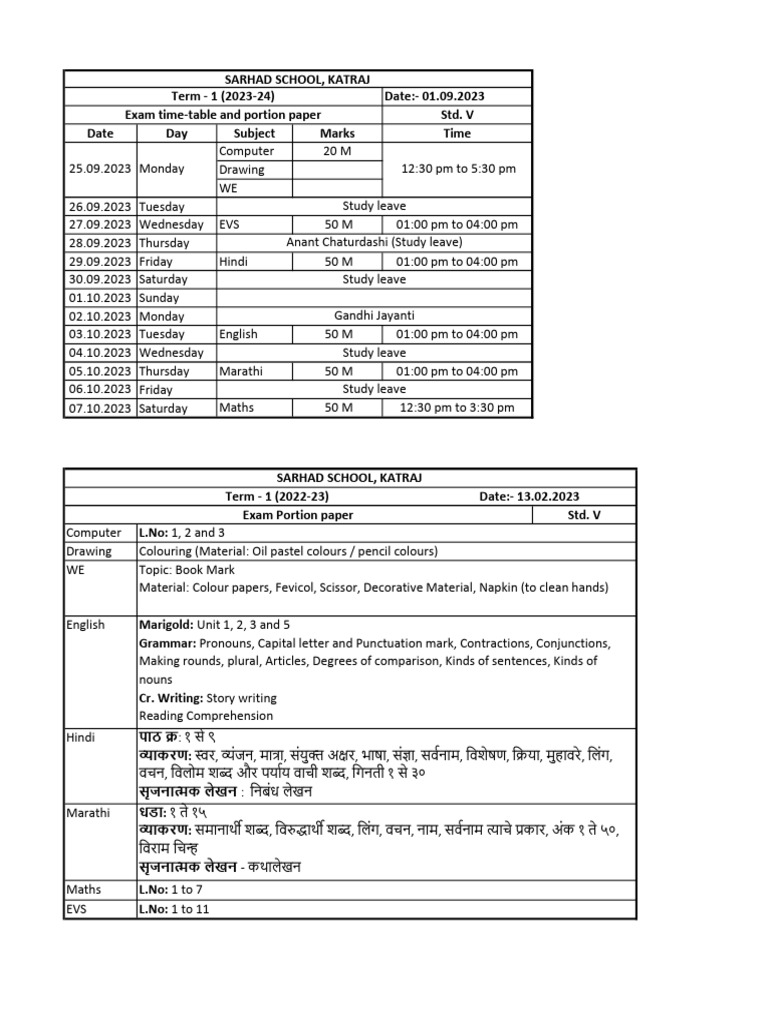 Class - 5 Time Table and Portion | PDF