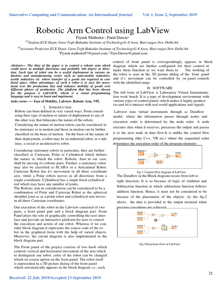 Robotic Arm Control Using Labview: Piyush Malhotra, Parul Dawar | PDF