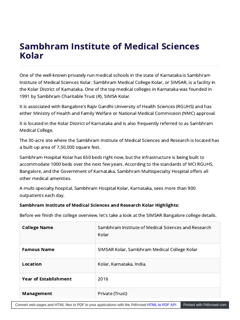 Sambhram Medical College Kolar Admission Procedure | PDF