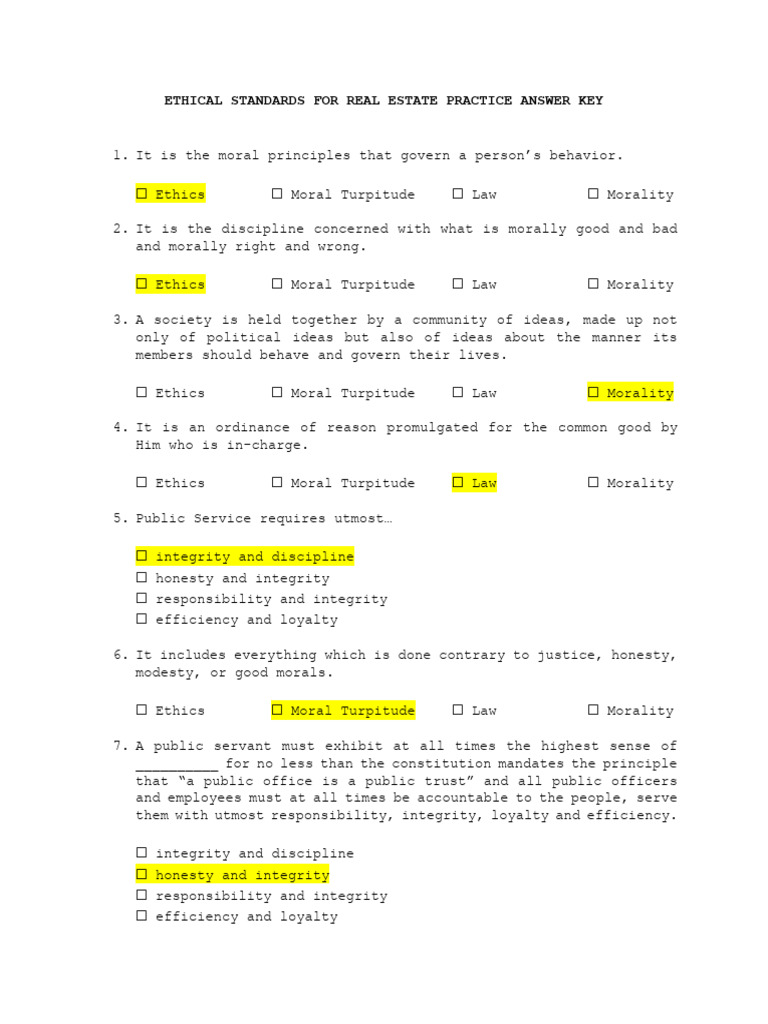 Ethical Standards For Real Estate Practice Reviewer With Answers | PDF
