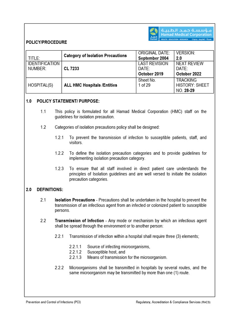 Isolation Precautions Policy Overview | PDF | Infection | Causes Of Death