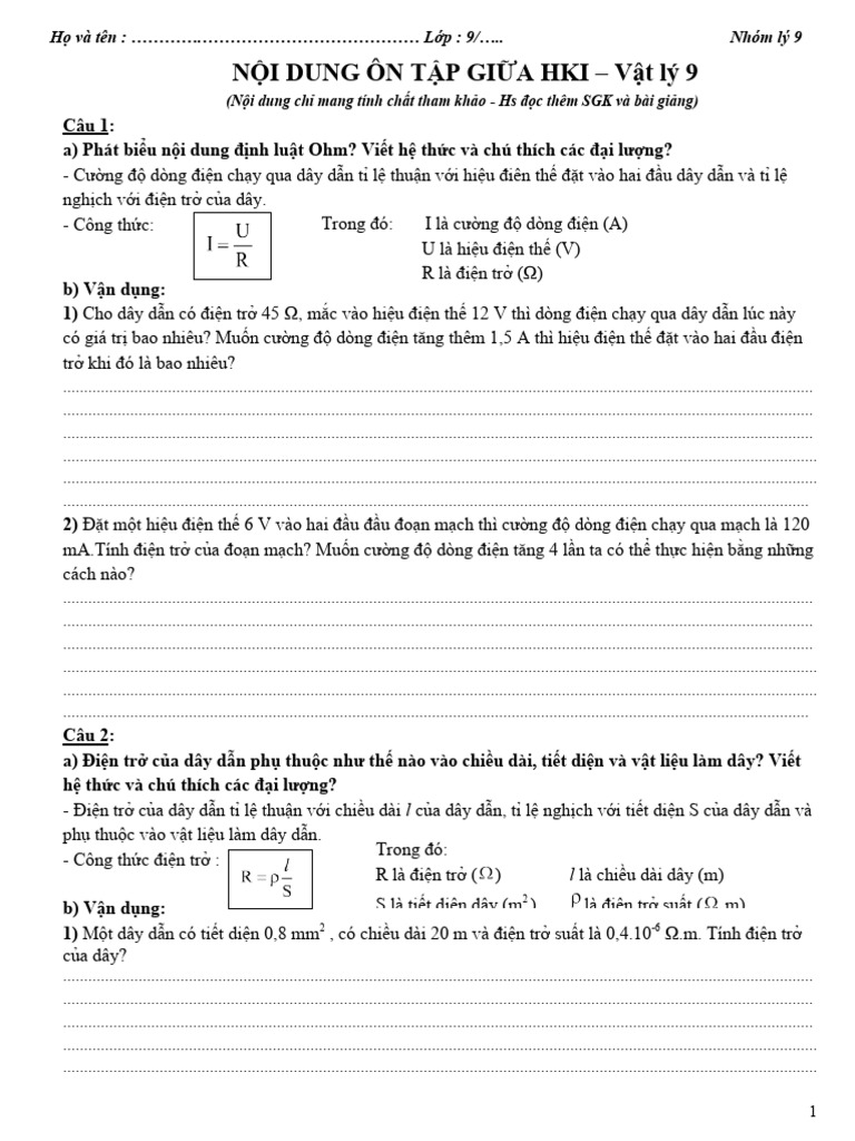 ĐỀ CƯƠNG ÔN TẬP KT GIỮA HK1 -LÝ 9 | PDF