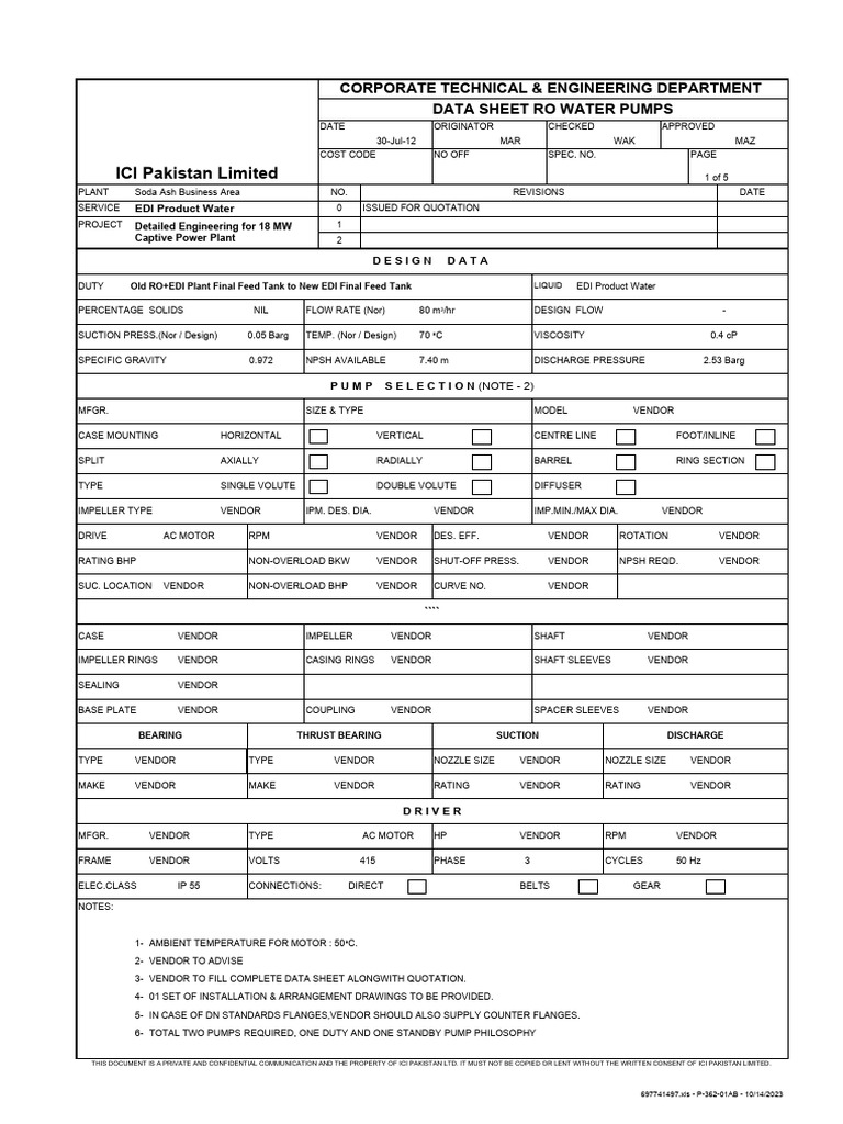RO & Raw Water Pump Data Sheets | PDF | Pump | Electric Motor