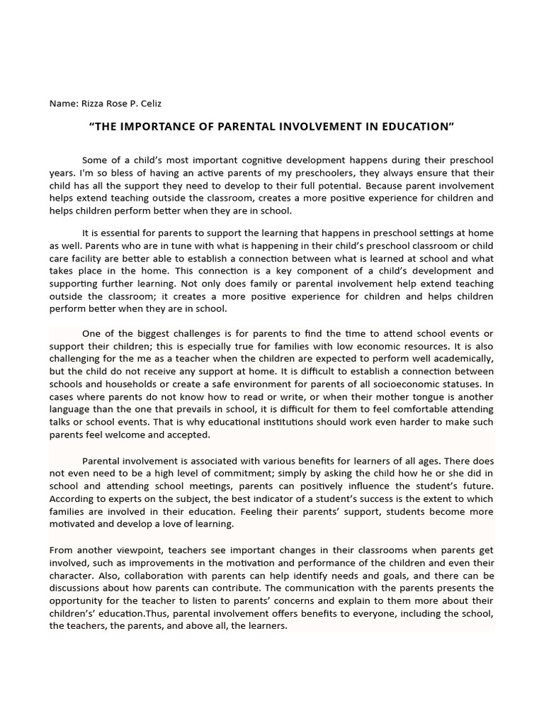 Reflection About The Importance of Parental Involvement in Education | PDF