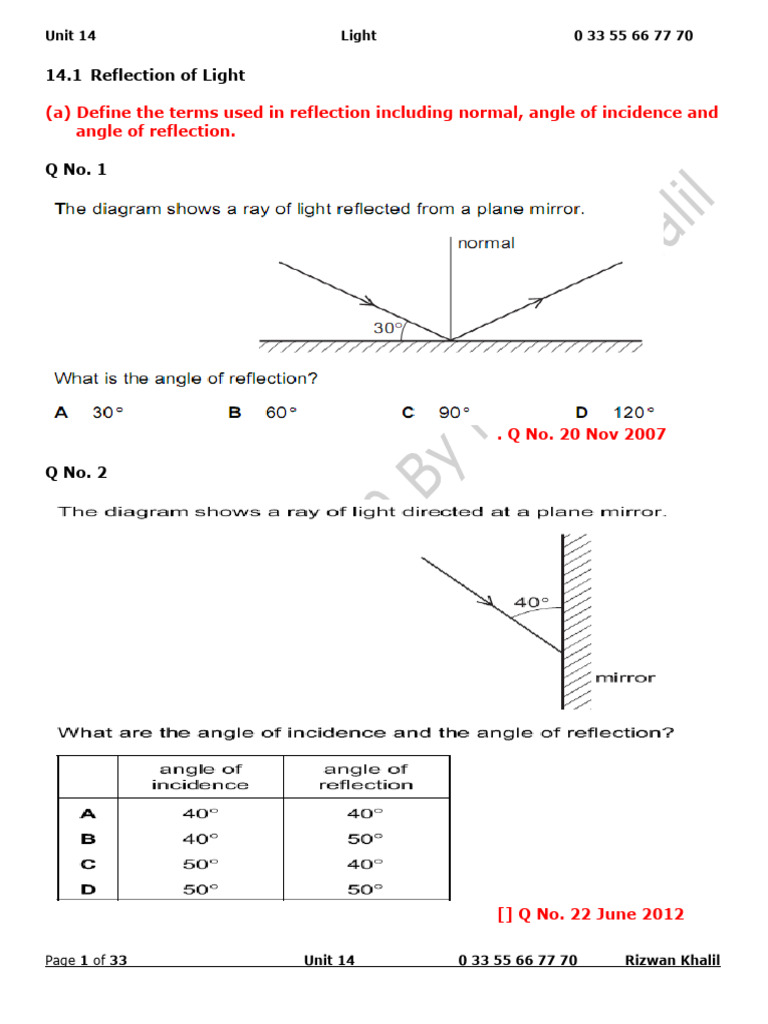 Unit 14 - O-Level MCQs - Light - Without Answers | PDF | Electromagnetism | Optics