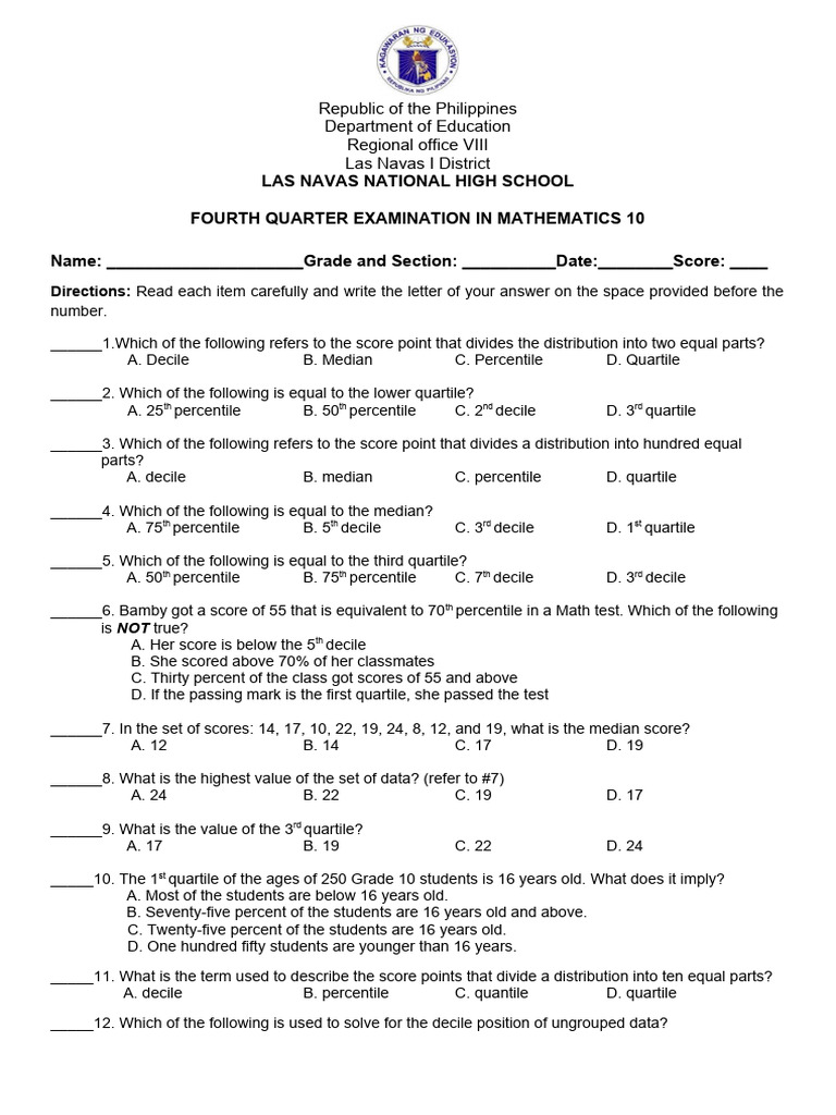 4th Quarter Exam in Mathematics 10 Final 2022-2023 | PDF