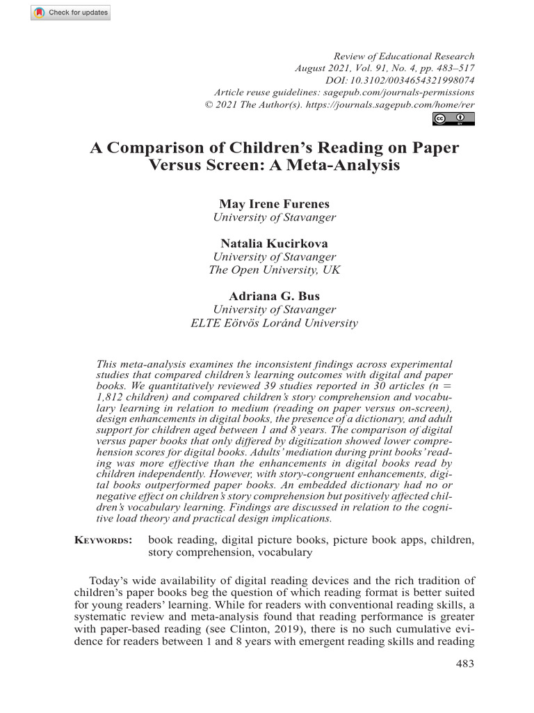 Children's Reading: Paper vs. Screen Analysis | PDF | Effect Size ...