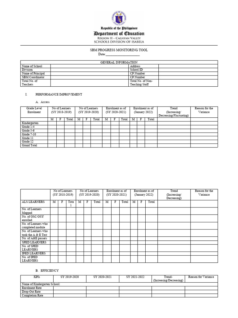 SBM Progress Monitoring Tool Template | PDF | Education Reform