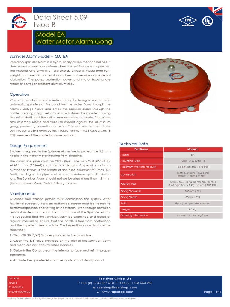 Water Motor Gong (EA) Datasheet | PDF | Fire Sprinkler System | Pipe ...