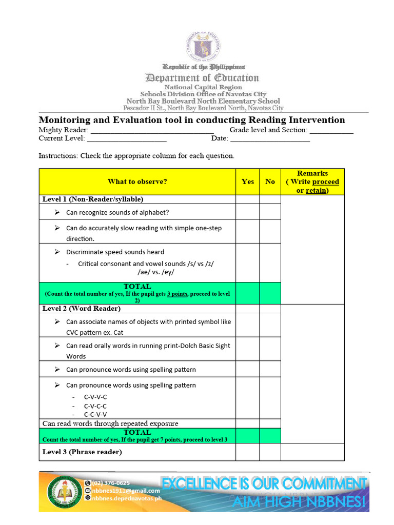 Monitoring and Evaluation Form in Reading Intervention | PDF | Stress ...