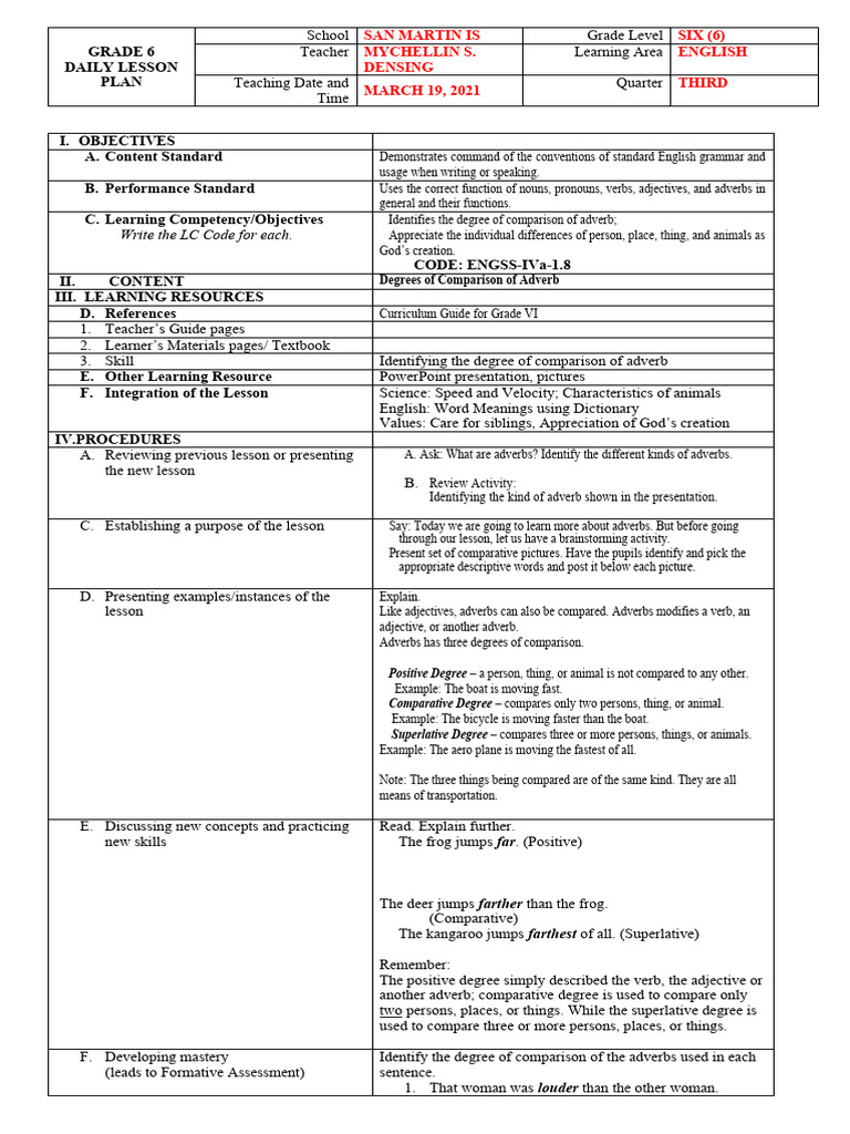 Cot English Lesson Plan | PDF | Adverb | English Language
