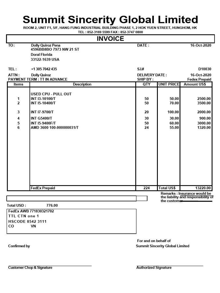 Invoice for CPU Purchase from Summit Sincerity | PDF