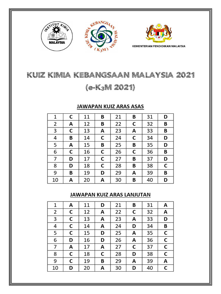 K3M 2021 Chemistry Quiz Answers | PDF | Teaching Methods & Materials ...