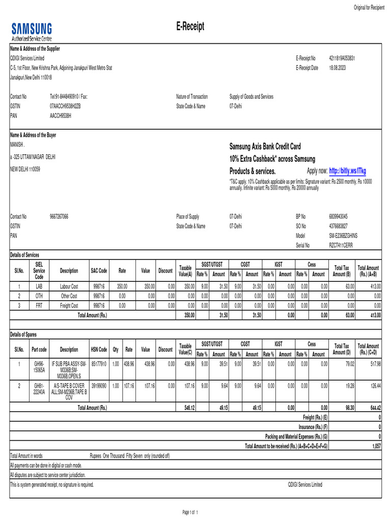 E-Receipt: Samsung Axis Bank Credit Card 10% Extra Cashback Across ...