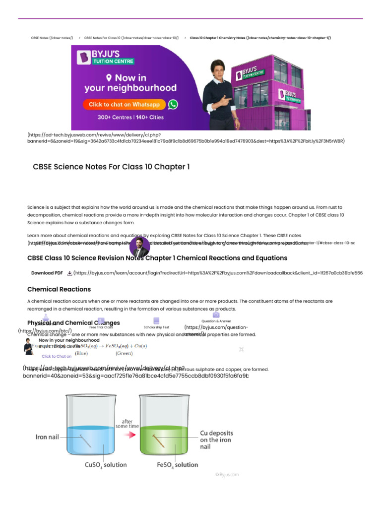CBSE Class 10 Chapter 1 Science Notes - Chemical Reactions and ...
