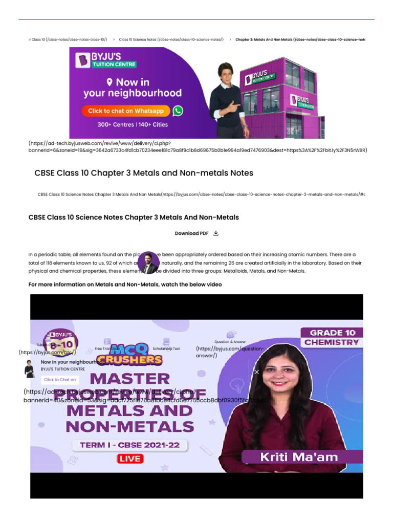 Class 10 Science: Metals and Non-Metals | PDF | Ion | Chemical Compounds