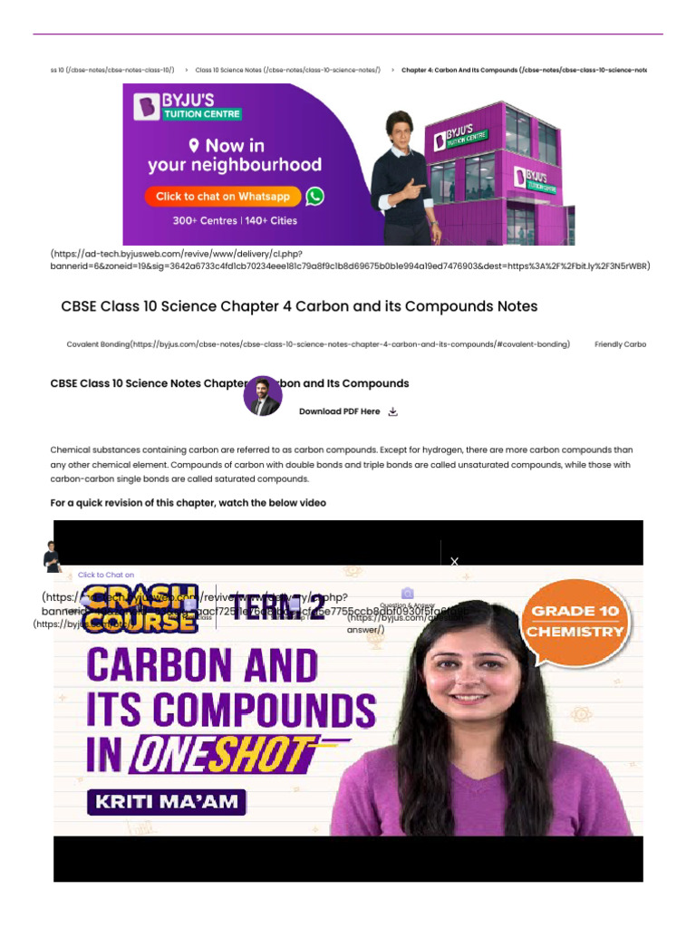 Carbon and Its Compounds CBSE Class 10 Chapter 4 Science Notes | PDF