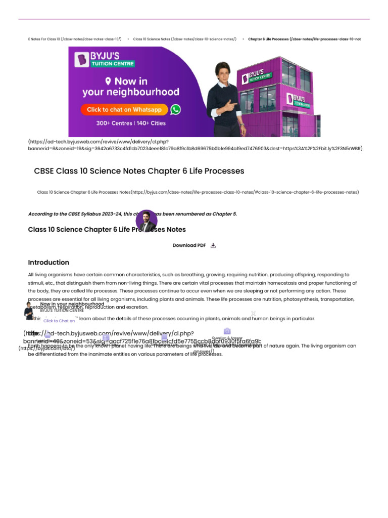 CBSE Class 10 Science Chapter 6 Life Processes Notes | PDF | Digestion ...